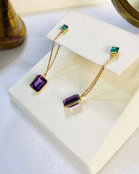 YI COLLECTION Emerald & Amethyst Chain Drop Earrings