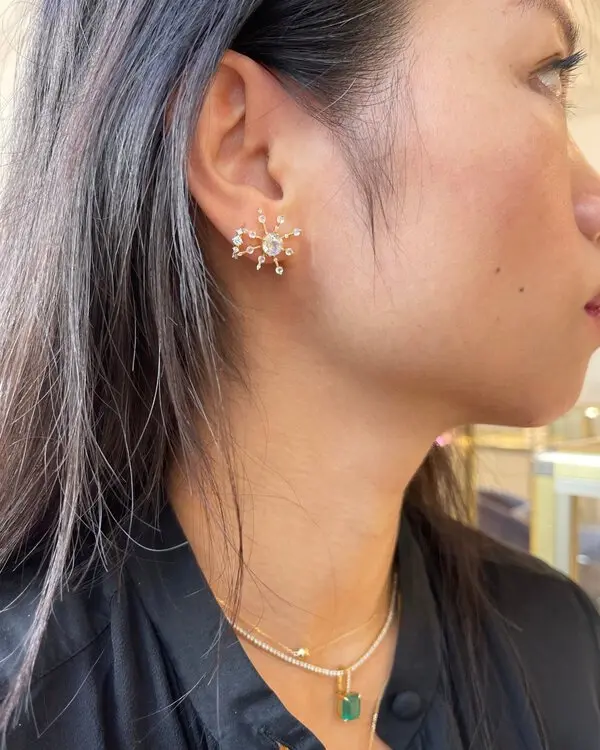 YI COLLECTION Moonstone & Diamond Starburst Stud Earrings