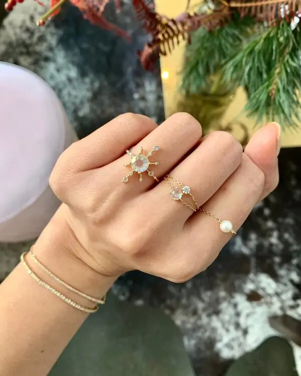 YI COLLECTION Rainbow Moonstone & Diamond Starburst Ring