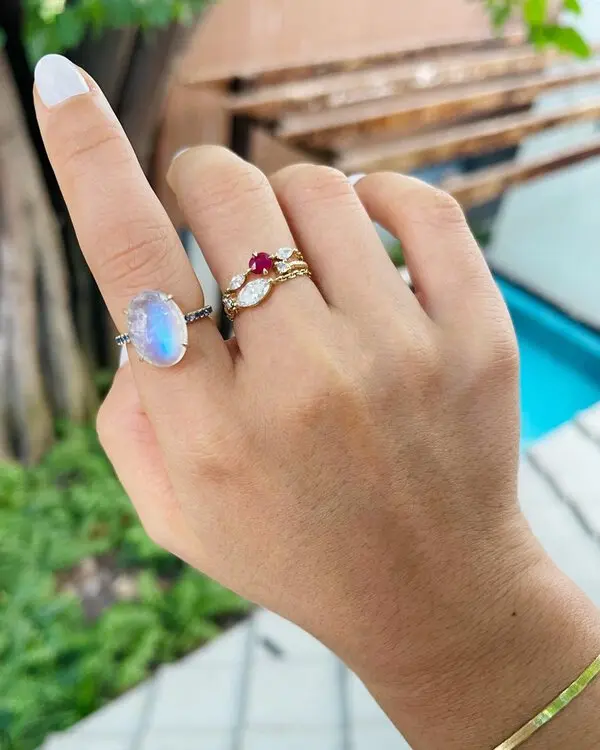 YI COLLECTION Rainbow Moonstone & Sapphire Globe Ring