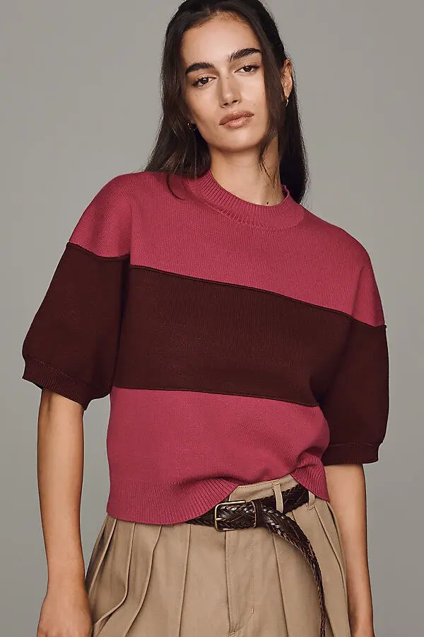 Maeve Puff-sleeve Knit Pullover - Pink Pattern