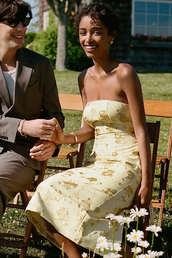 MARE MARE Brocade Strapless Column Midi Dress - Yellow