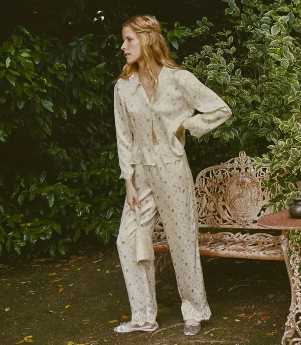 DÔEN Felise Pant Floral Silk Satin With Lace Trim - Camellia Bloom