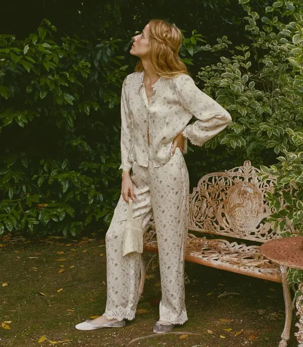 DÔEN Felise Pant Floral Silk Satin With Lace Trim
