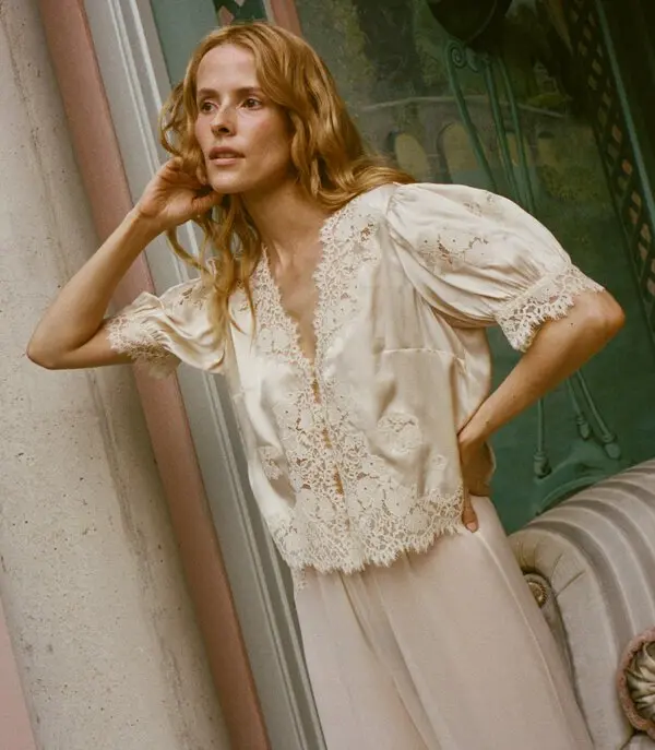 DÔEN Idella Silk Satin Top With Lace Trim - Candlelight