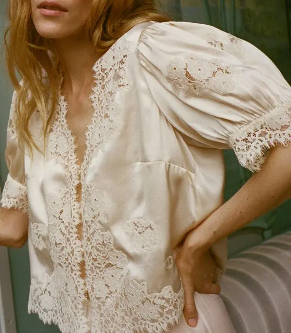DÔEN Idella Silk Satin Top With Lace Trim