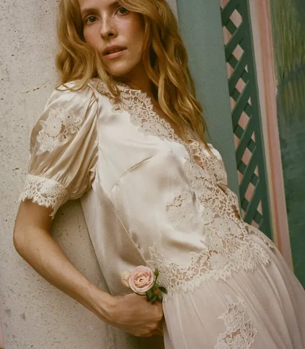 DÔEN Idella Silk Satin Top With Lace Trim