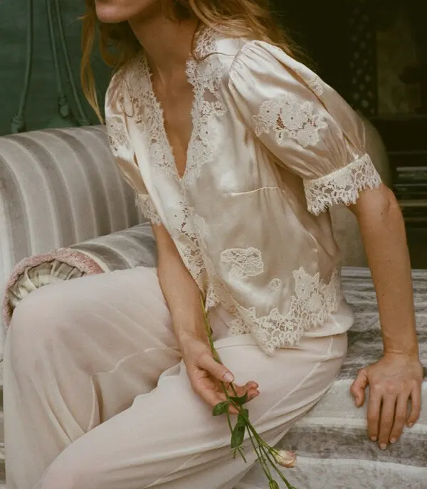DÔEN Idella Silk Satin Top With Lace Trim