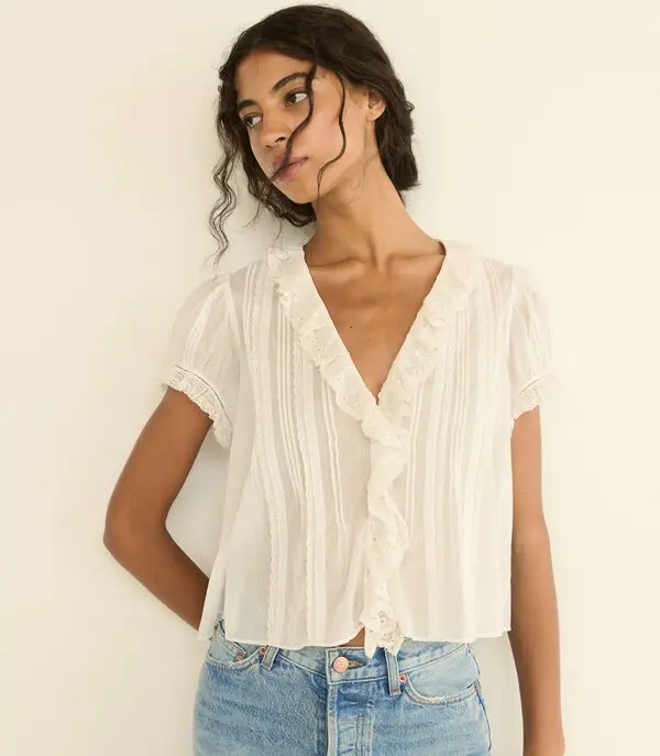 DÔEN Helena Organic Cotton Voile Ruffled Blouse With Mother-of-pearl Buttons