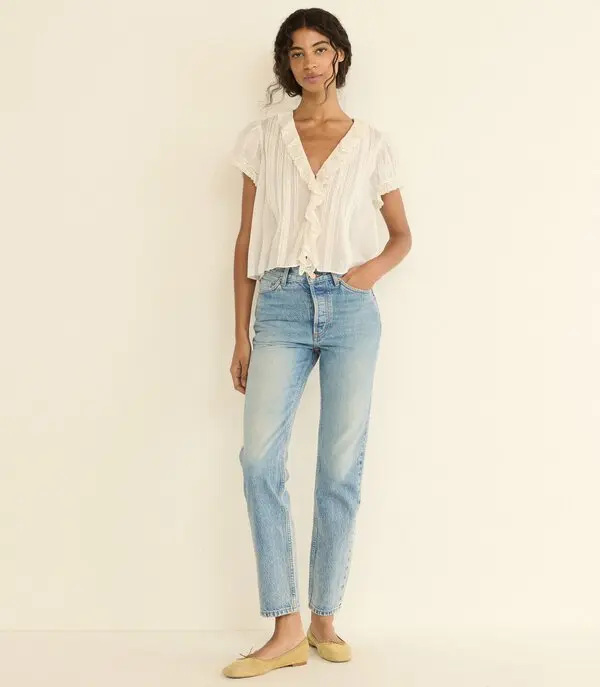DÔEN Helena Organic Cotton Voile Ruffled Blouse With Mother-of-pearl Buttons