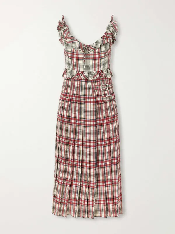 Alessandra Rich Pleated Checked Ruffled Silk-crepe De Chine Midi Dress