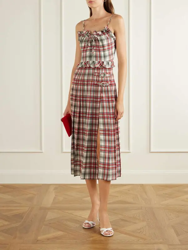 Alessandra Rich Pleated Checked Ruffled Silk-crepe De Chine Midi Dress