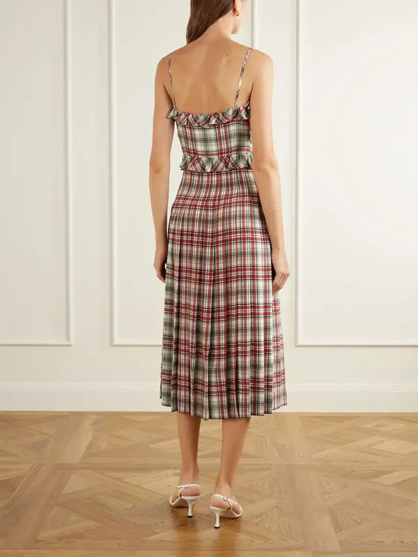 Alessandra Rich Pleated Checked Ruffled Silk-crepe De Chine Midi Dress