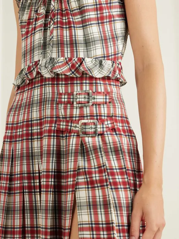 Alessandra Rich Pleated Checked Ruffled Silk-crepe De Chine Midi Dress
