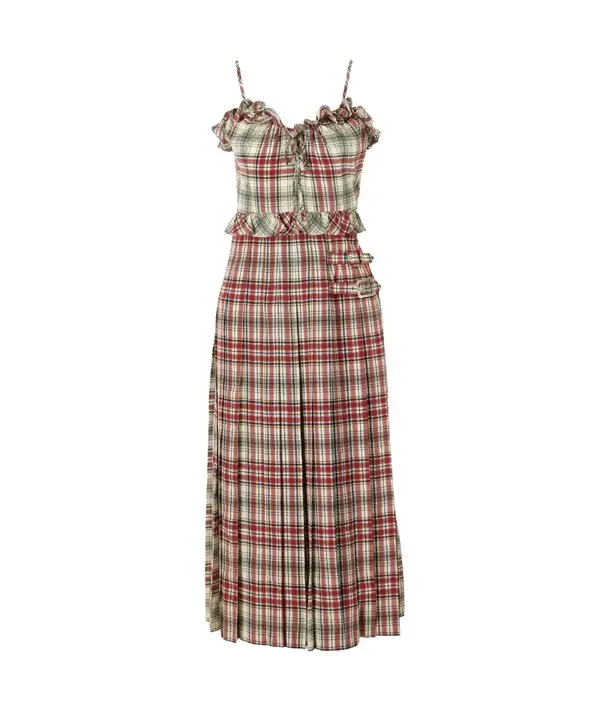 Alessandra Rich Pleated Checked Ruffled Silk-crepe De Chine Midi Dress - Green