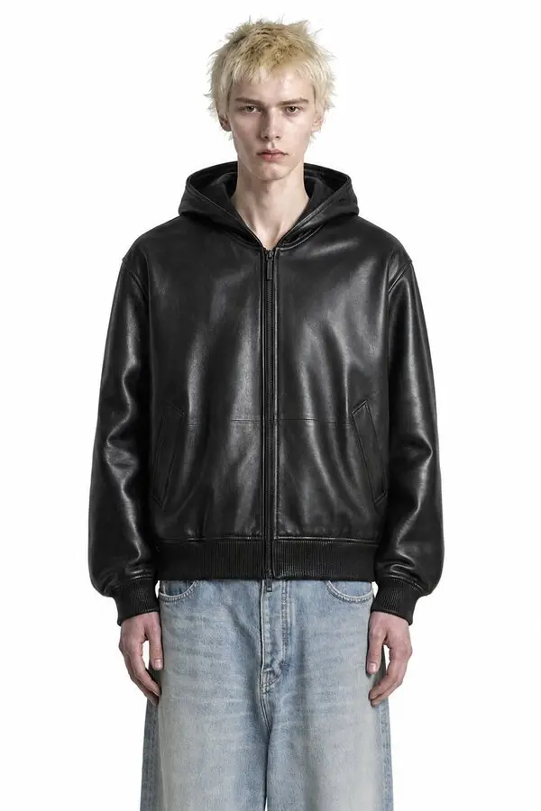 Balenciaga Short Hooded Leather Coat