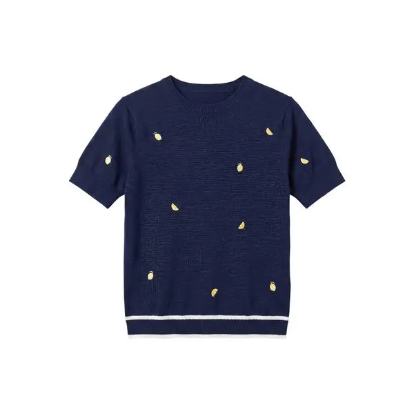 BRODIE CASHMERE Lemon Ditsy Embroidery Tee Navy - Blue/yellow