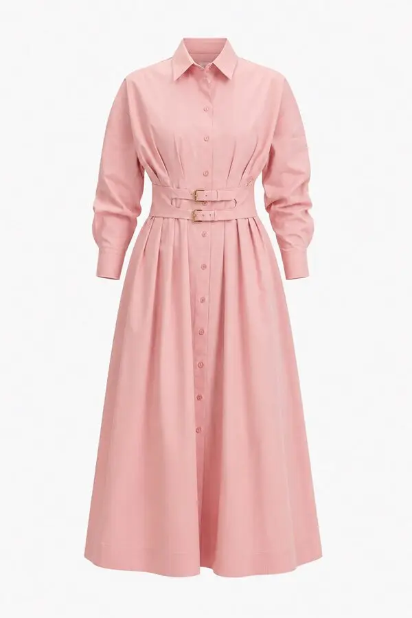 EXQUISE Belted Midi Shirt Dress