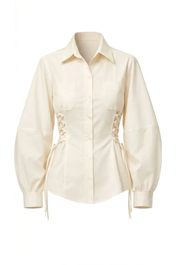 EXQUISE Fitted Waist Balloon Sleeve Shirt - White