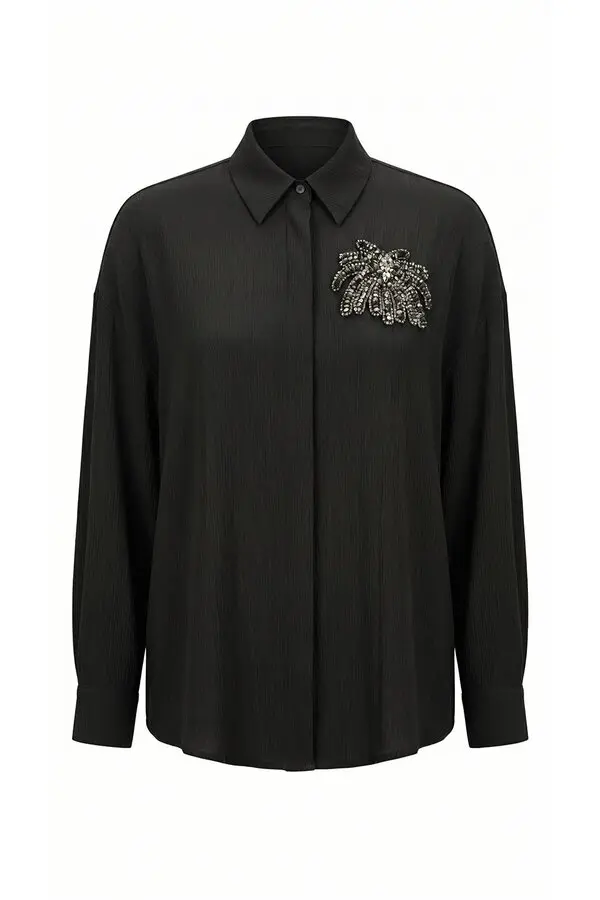 EXQUISE Collared Long Sleeve Embroidered Crinkle Shirt