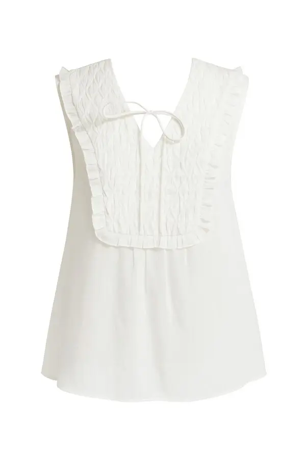 EXQUISE Sleeveless V-neck Linen Blouse With Ruffle Trim