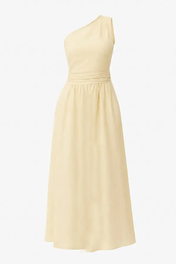 EXQUISE Neutrals / Burk Elastic Waist Linen Blend Midi Dress Ecru - Yellow