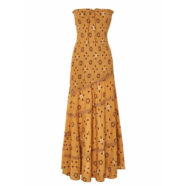 PAR Y ESCALA Strapless Shirred Maxi Dress - Brown