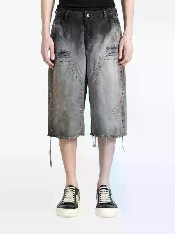 SATOSHI NAKAMOTO Danny's Carpenter Stud-embellished Distressed Shorts