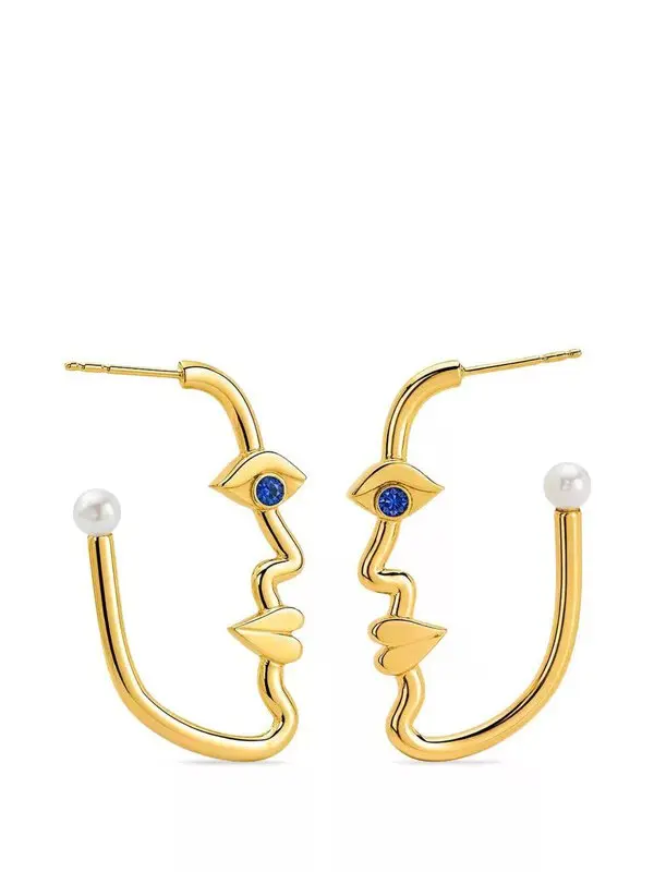 EDINA KISS 18k Yellow Abstract Face Hoop Earrings With Pearls And Sapphires - Gold