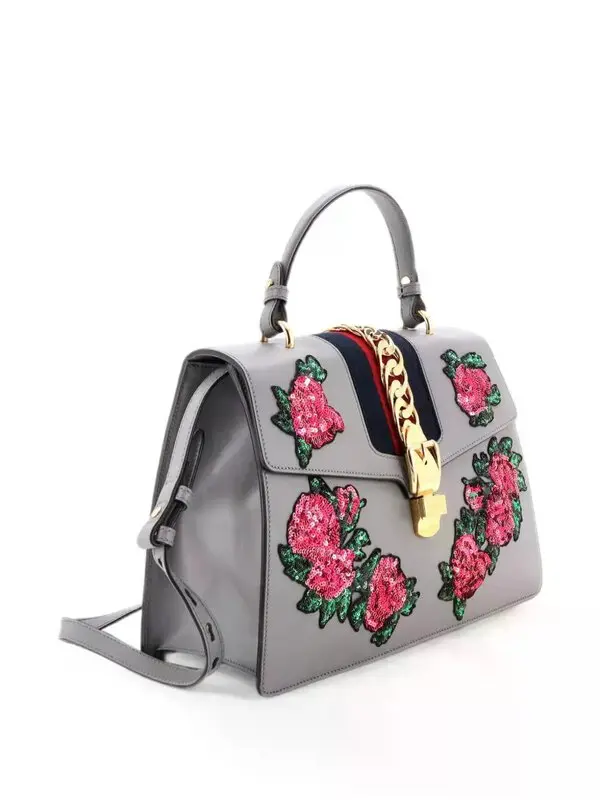 Gucci Sylvie Top Handle Bag Embroidered Leather Medium Satchel