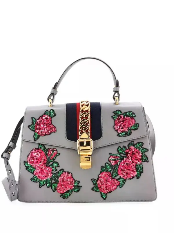 Gucci Sylvie Top Handle Bag Embroidered Leather Medium Satchel - Grey
