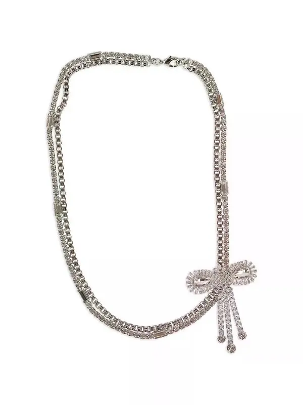 Alessandra Rich Crystal Embellished Bow Motif Necklace - Silver
