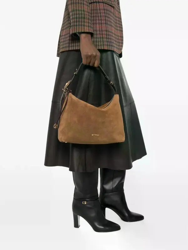 Etro Logo Plaque Suede Shoulder Bag - Brown
