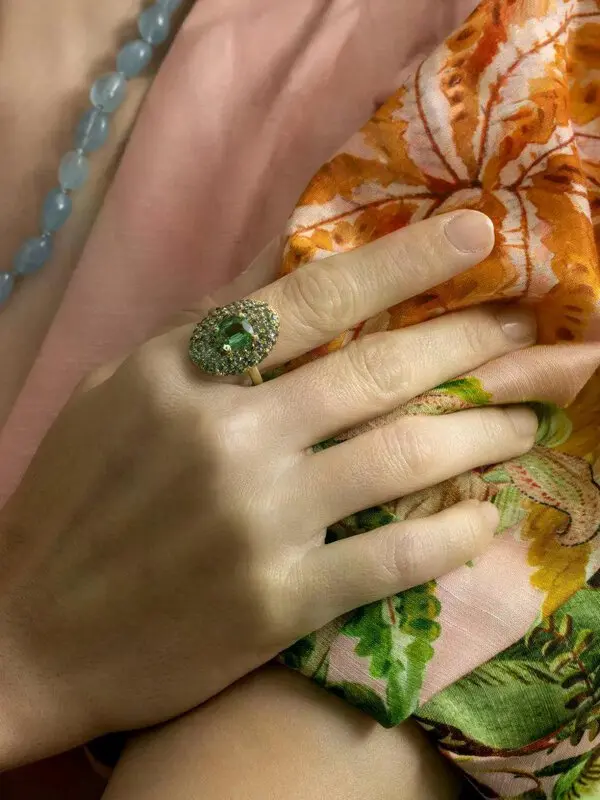 LEIGH MAXWELL Green Tourmaline And Sapphire Shield Ring