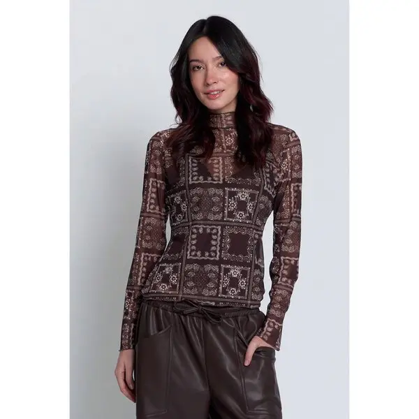 Central Park West Wren Sheer Bandana Print Turtleneck Top - Chocolate Combo