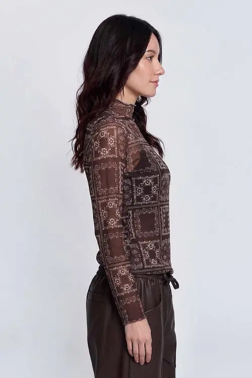 Central Park West Wren Sheer Bandana Print Turtleneck Top - Chocolate Combo