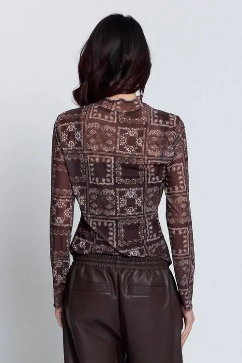 Central Park West Wren Sheer Bandana Print Turtleneck Top - Chocolate Combo