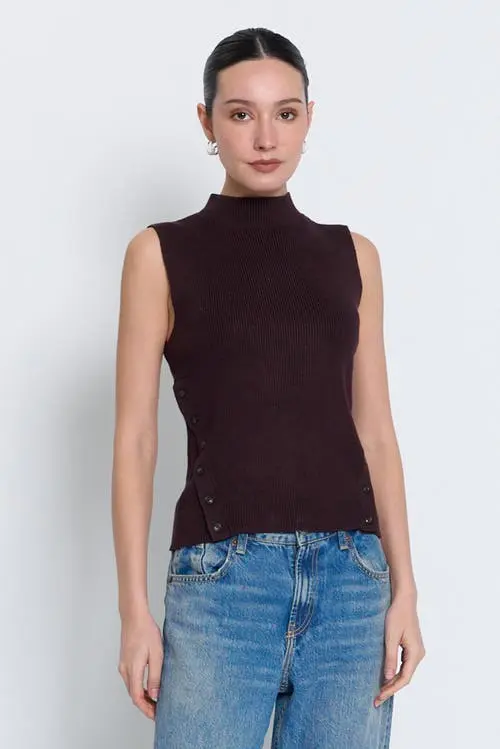 Central Park West Birch Sleeveless Turtleneck With Button Detail - Chocolate