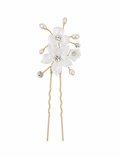 UNTAMED PETALS Ceramic Flower Hair Pin With Pearl And Crystal Detailing