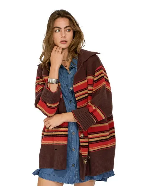 BELLE & BLOOM Oversized Striped Knitted Cardigan Coat - Dark Brown