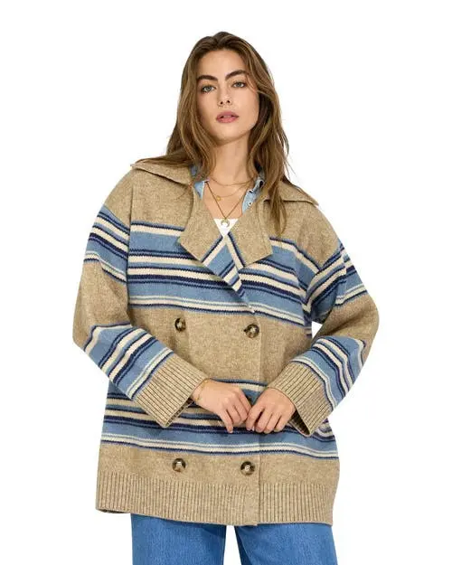 BELLE & BLOOM Oversized Striped Knitted Cardigan Coat - Grey