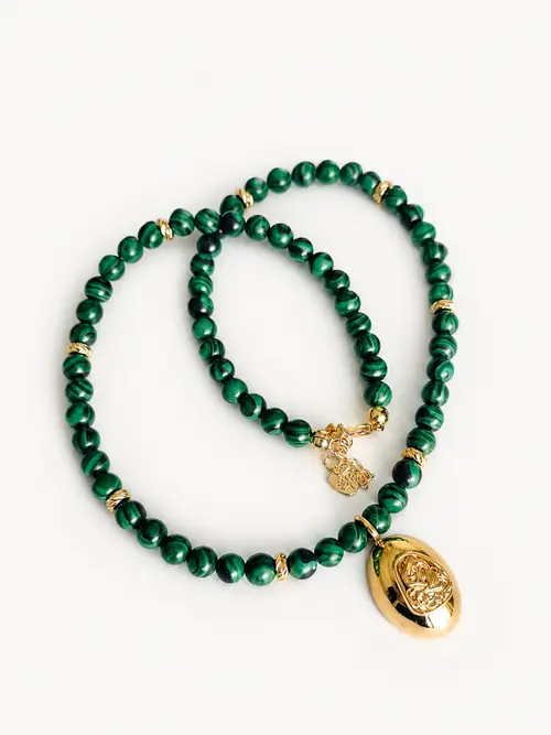 DANIELA MILLAN JEWELRY Malachite Beaded Necklace With Woven Pendant