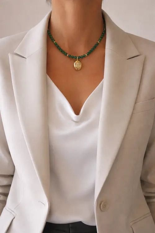 DANIELA MILLAN JEWELRY Malachite Beaded Necklace With Woven Pendant
