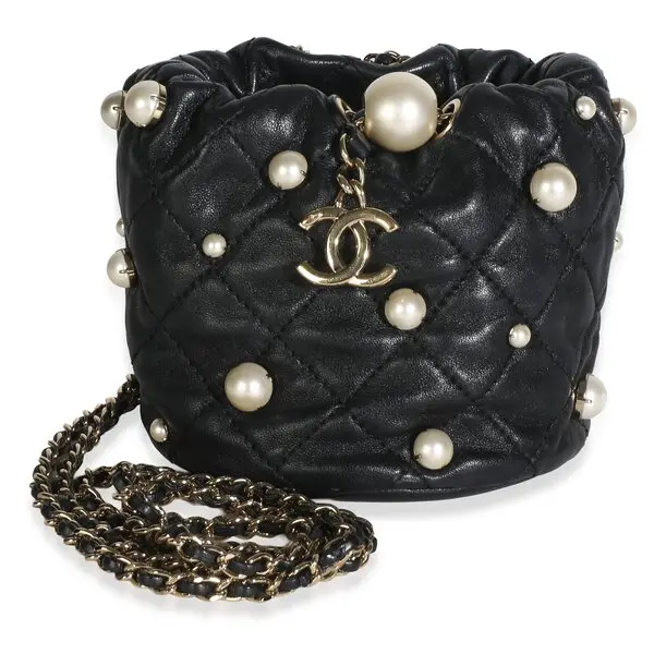 Chanel Quilted Lambskin Pearl Embellished Drawstring Bucket Bag - Black