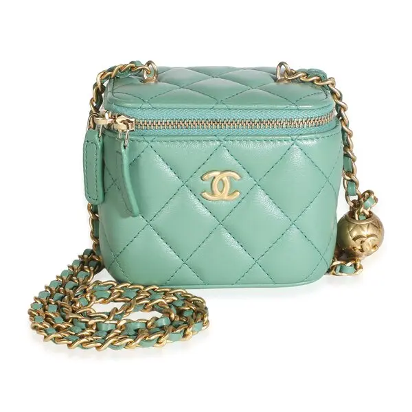 Chanel Quilted Lambskin Pearl Crush Vanity Case With Chain - Green