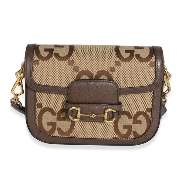 Gucci Camel Ebony Monogram Jumbo Gg Calfskin Web Horsebit 1955 Shoulder Bag - Brown