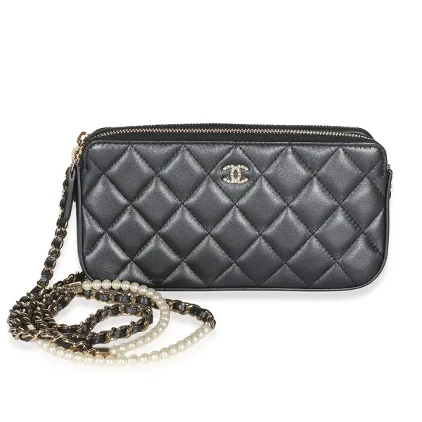 Chanel Quilted Lambskin Pearl Cc Double Zip Phone Holder With Chain