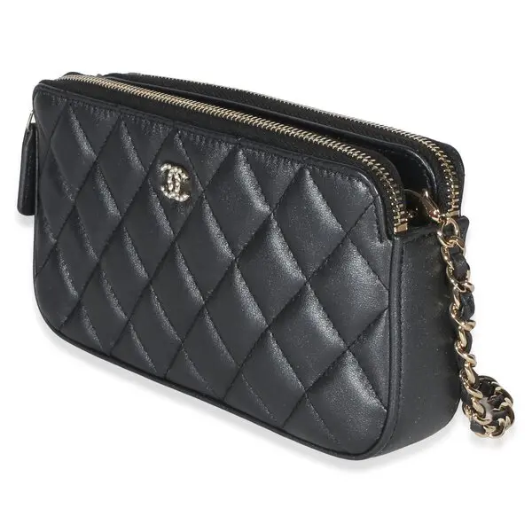 Chanel Quilted Lambskin Pearl Cc Double Zip Phone Holder With Chain