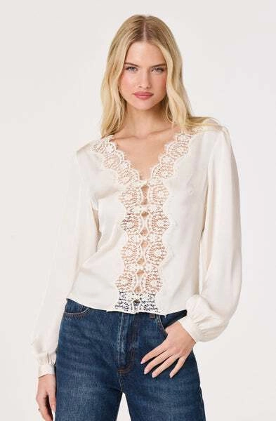 Astr The Label Benoîte Lace Trim Satin Blouse