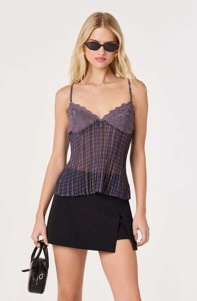 Astr The Label Haleigh Plaid Mesh Top